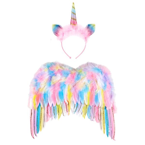 Flotte regnbue vinger af fjer og unicorn horn til børn 159,95 >>